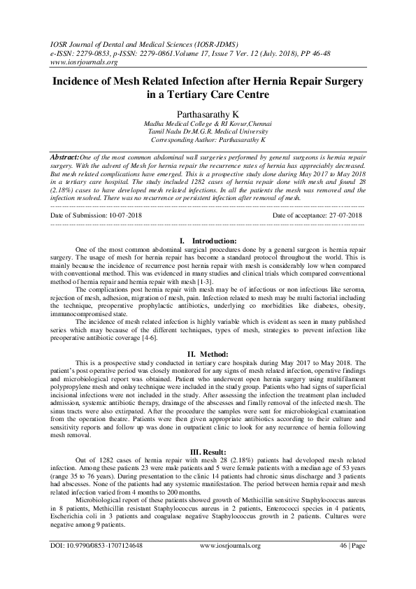 (PDF) Incidence of Mesh Related Infection after Hernia Repair Surgery ...