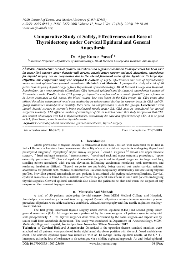 (PDF) Cervical Epidural vs General Anaesthesia in Thyroidectomy