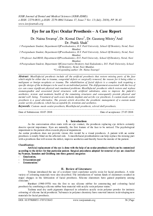(PDF) Eye for an Eye: Ocular Prosthesis – A Case Report