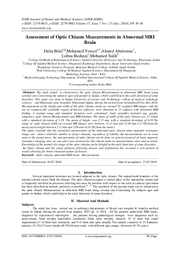 (PDF) Assessment of Optic Chiasm Measurements in Abnormal MRI Brain