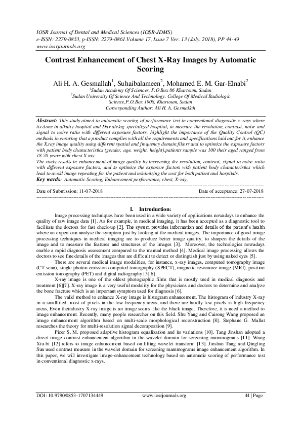 (PDF) Contrast Enhancement of Chest X-Ray Images by Automatic Scoring