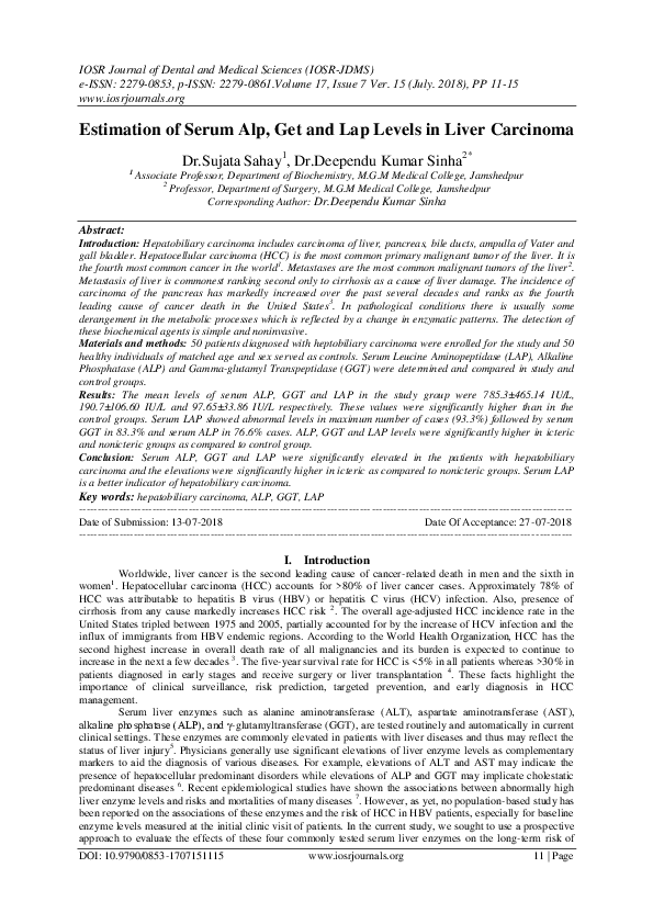 (PDF) Estimation of Serum Alp, Get and Lap Levels in Liver Carcinoma