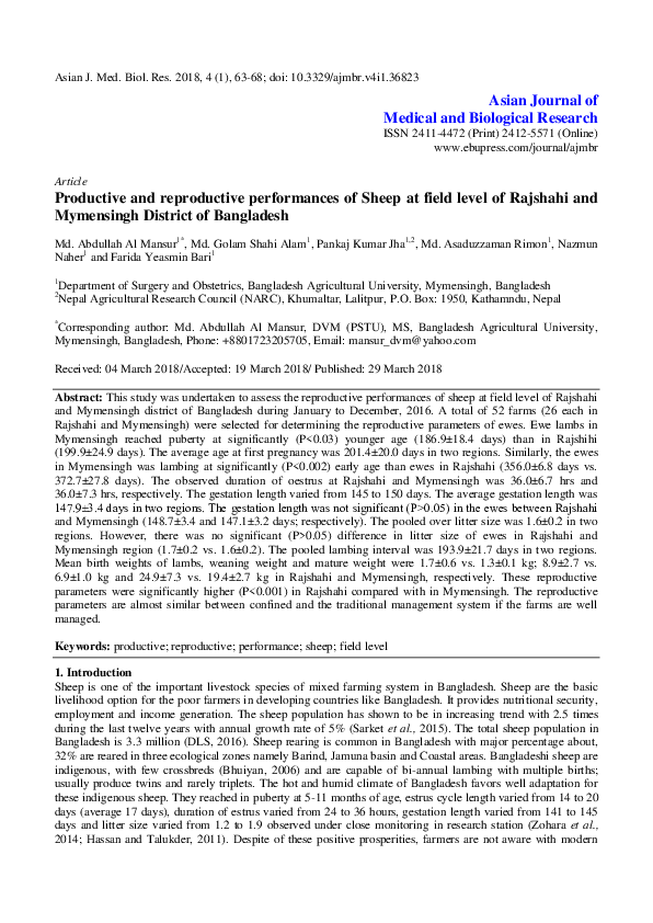 (PDF) Productive and reproductive performances of Sheep at field level of Rajshahi and ...