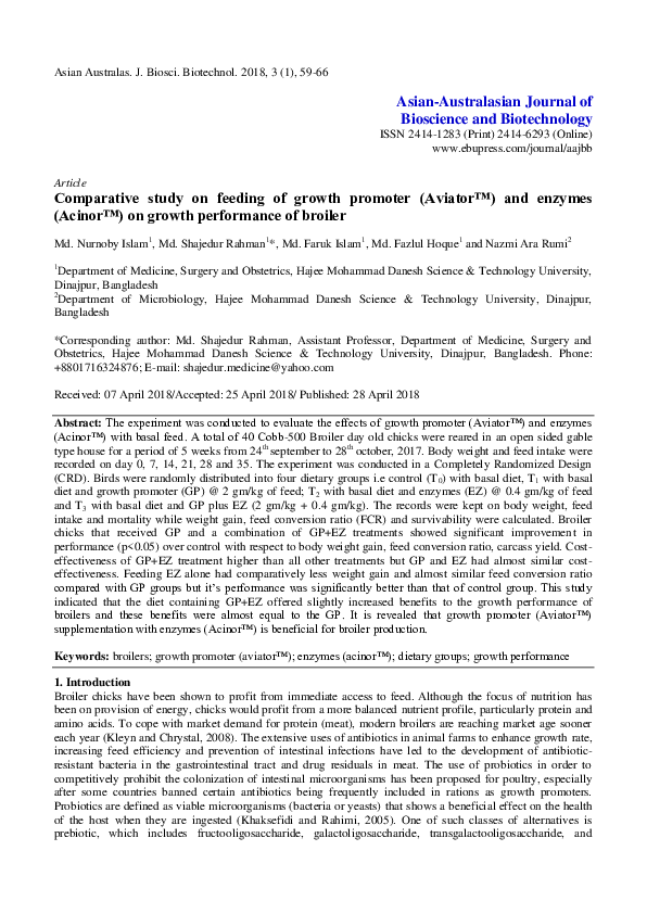 (PDF) Comparative study on feeding of growth promoter (Aviator™) and ...