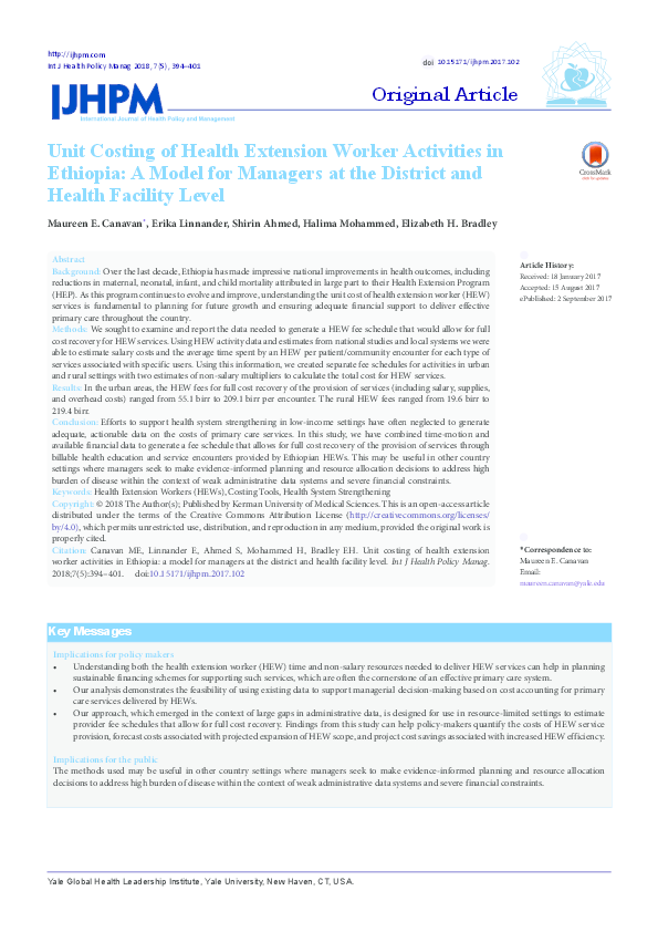 (PDF) Unit Costing of Health Extension Worker Activities in Ethiopia: A ...
