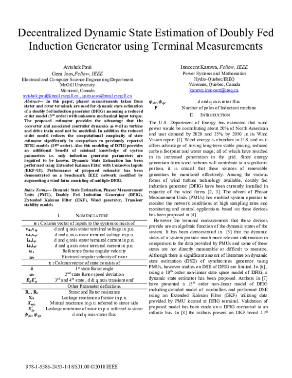 Pdf Decentralized Dynamic State Estimation Of Doubly Fed Induction Generator Using Terminal