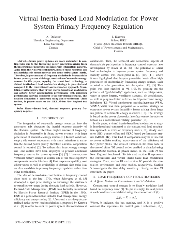 Pdf Virtual Inertia Based Load Modulation For Power System Primary