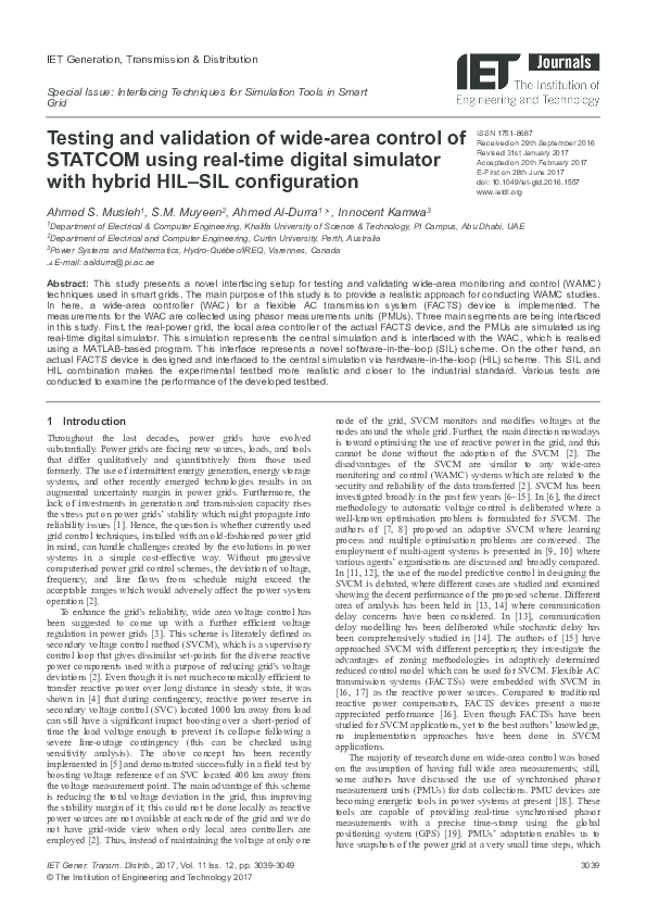 Pdf Testing And Validation Of Wide Area Control Of Statcom Using Real