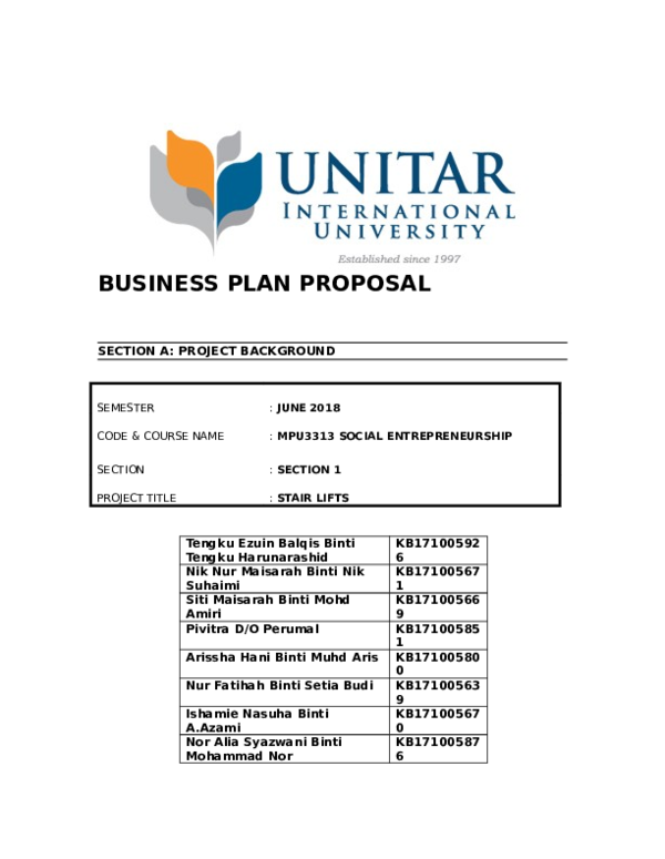 (DOC) BUSINESS PLAN PROPOSAL SECTION A: PROJECT BACKGROUND