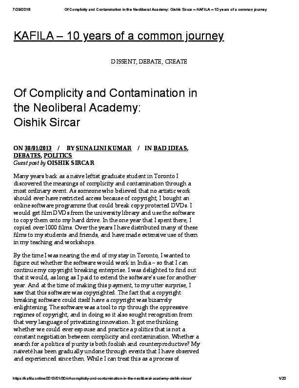 (PDF) Of Complicity and Contamination in the Neoliberal Academy