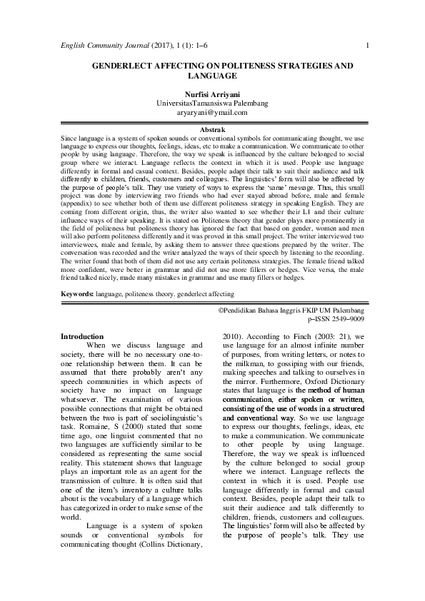 (PDF) GENDERLECT AFFECTING ON POLITENESS STRATEGIES AND LANGUAGE