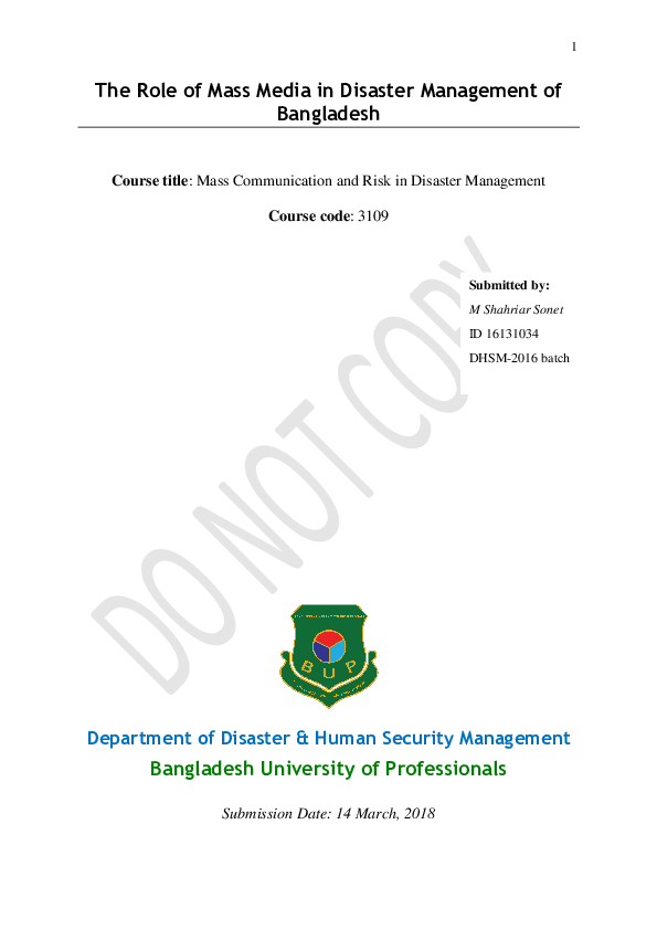 (PDF) The Role of Mass Media in Disaster Management