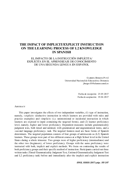 (PDF) The impact of implicit/explicit instruction on the learning process of L2 knowledge in ...