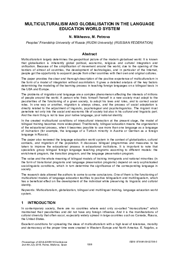 (PDF) MULTICULTURALISM AND GLOBALISATION IN THE LANGUAGE EDUCATION WORLD SYSTEM