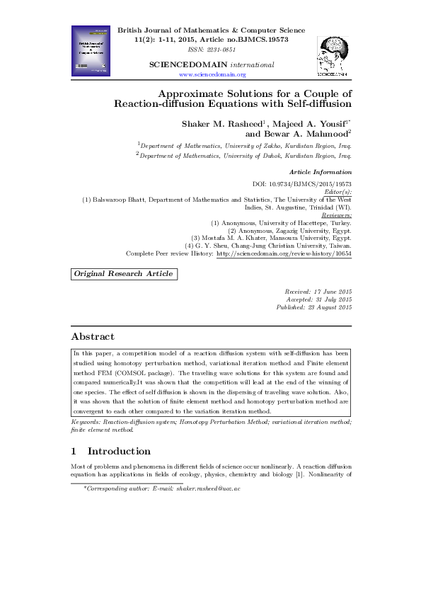 Pdf Approximate Solutions For A Couple Of Reaction Diffusion Equations With Self Diffusion