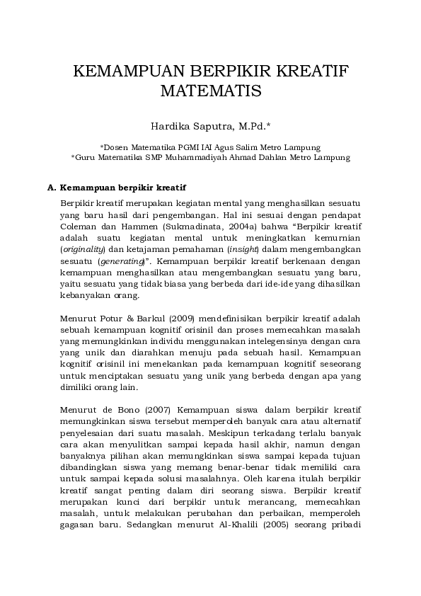 (PDF) KEMAMPUAN BERPIKIR KREATIF MATEMATIS