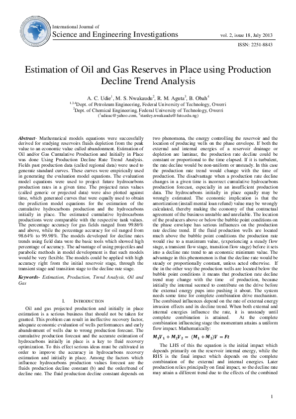 (PDF) Estimation of Oil and Gas Reserves in Place using Production ...