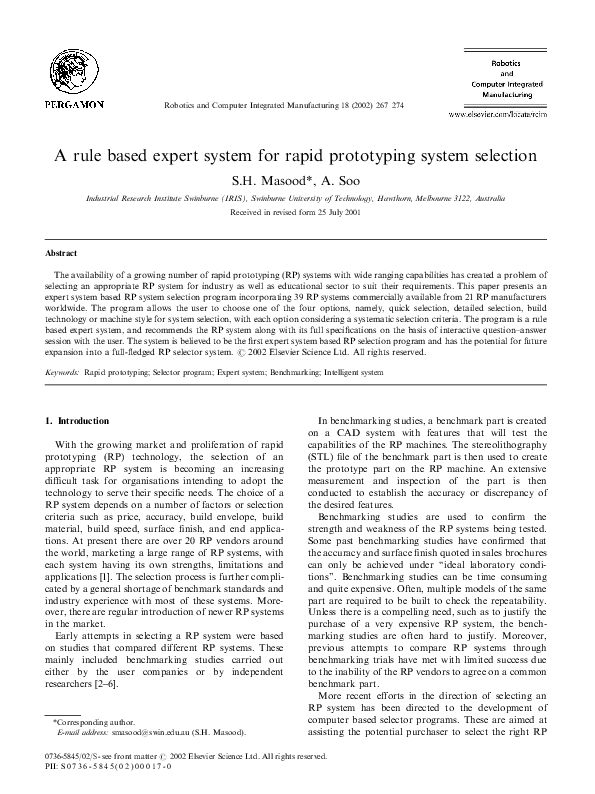 (PDF) A rule based expert system for rapid prototyping system selection