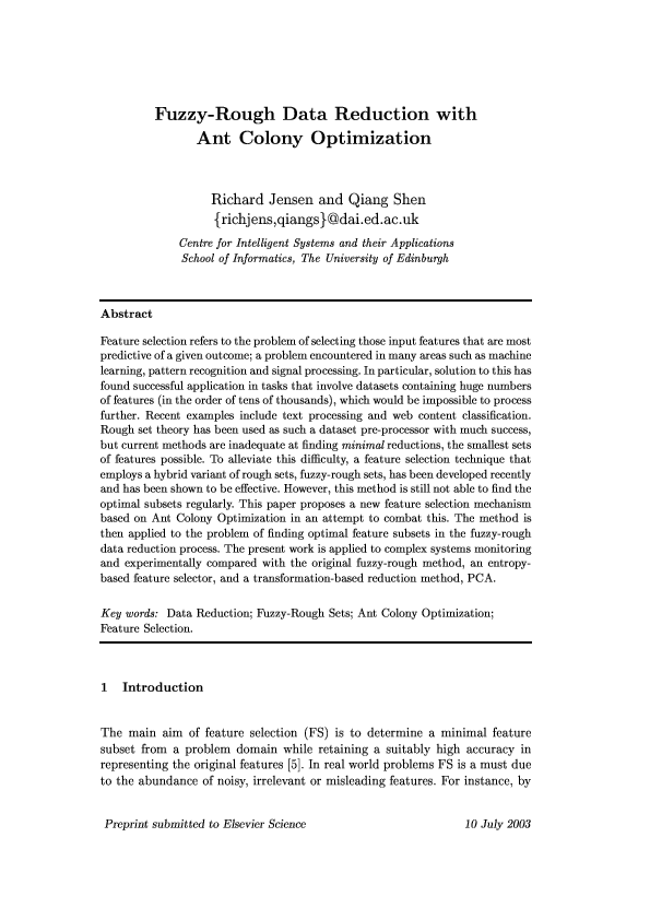 (PDF) Fuzzy-rough data reduction with ant colony optimization