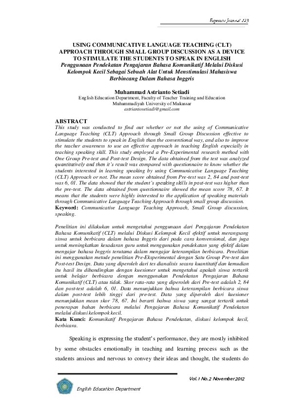 (PDF) USING COMMUNICATIVE LANGUAGE TEACHING (CLT) APPROACH THROUGH SMALL GROUP DISCUSSION AS A ...