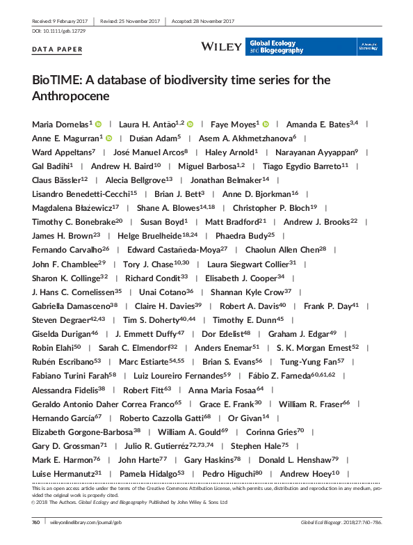 (PDF) BioTIME: A database of biodiversity time series for the Anthropocene