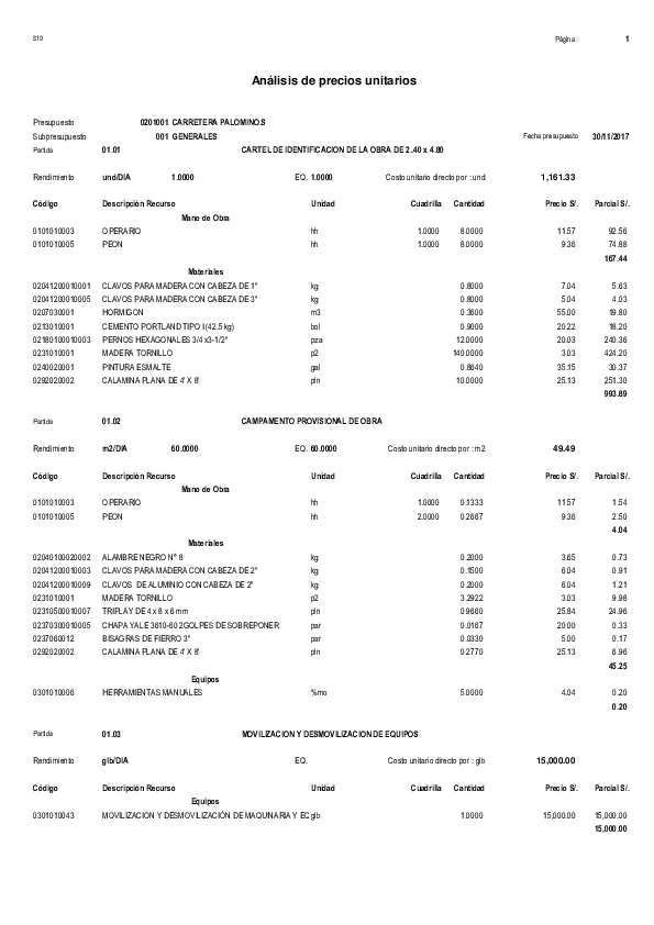(PDF) Análisis de precios unitarios Subpresupuesto 001 GENERALES