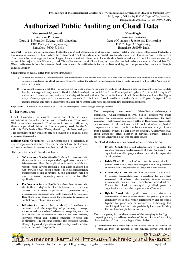 (PDF) Authorized Public Auditing on Cloud Data