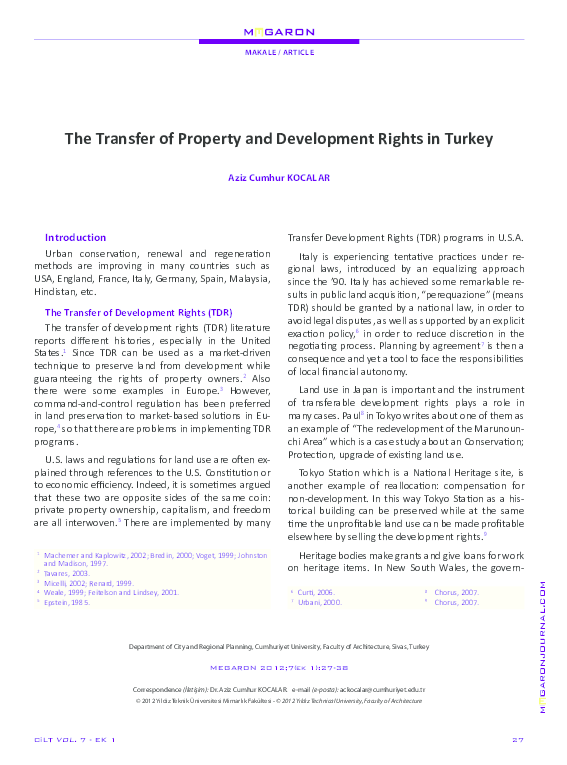 (PDF) The Transfer of Property and Development Rights in Turkey