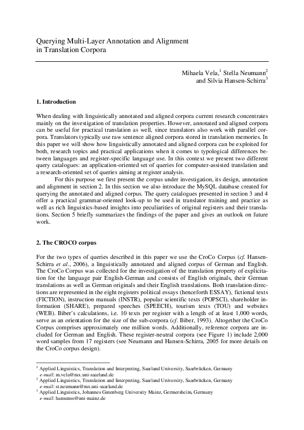 (PDF) Querying multi-layer Annotation and Alignment in Translation Corpora