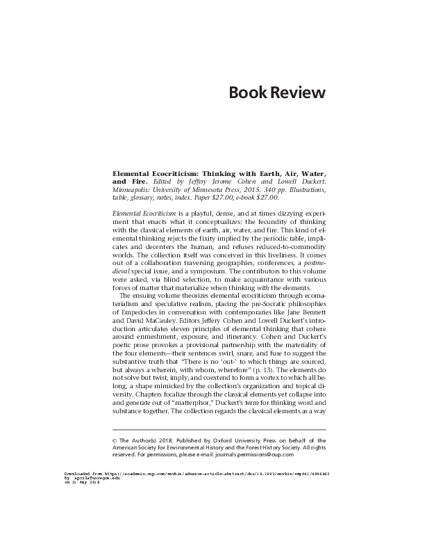 (PDF) Review of _Elemental Ecocriticism: Thinking with Earth, Air ...