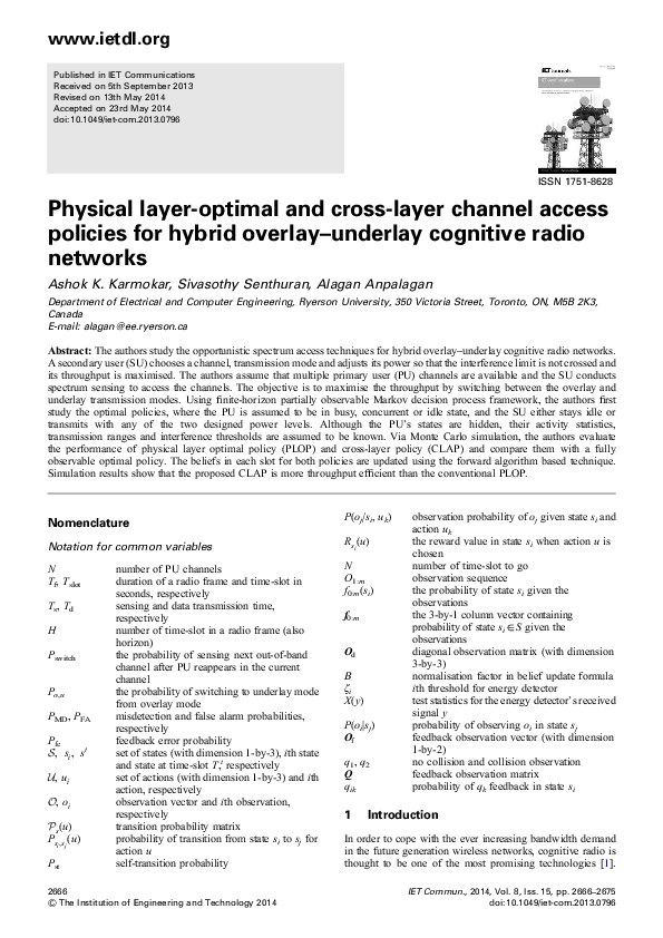 (PDF) Physical layer-optimal and cross-layer channel access policies for hybrid overlay–underlay ...