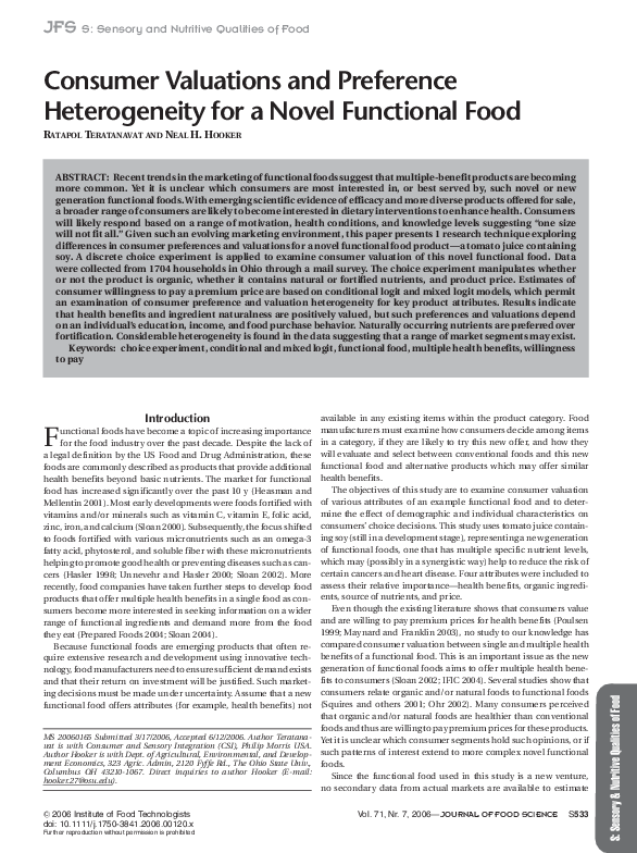 (PDF) Consumer Valuations and Preference Heterogeneity for a Novel ...