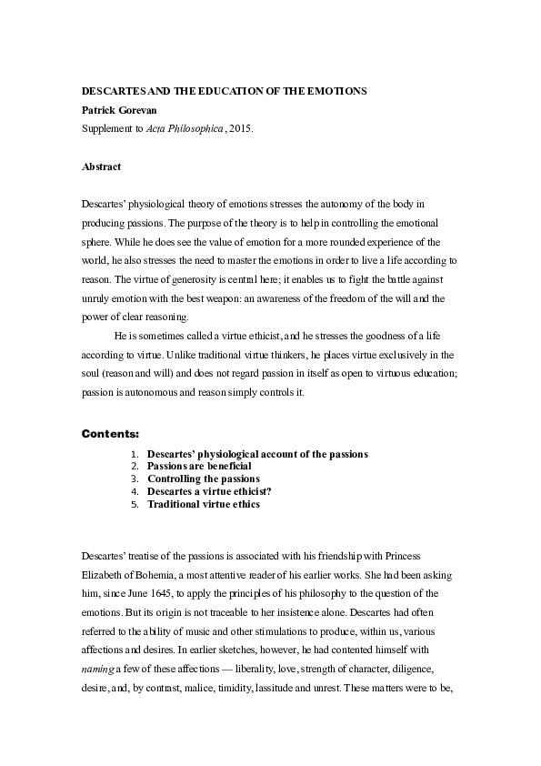 (DOC) DESCARTES AND THE EDUCATION OF THE EMOTIONS