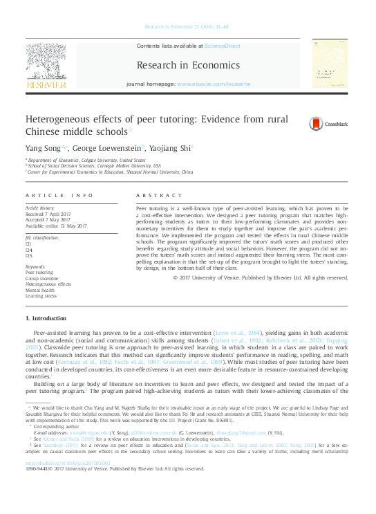 (PDF) Heterogeneous effects of peer tutoring: Evidence from rural Chinese middle schools R