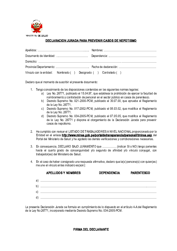 (DOC) DECLARACION JURADA PARA PREVENIR CASOS DE NEPOTISMO