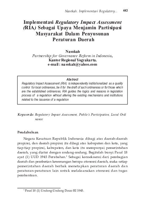 (PDF) Implementasi Regulatory Impact Assessment (RIA) Sebagai Upaya Menjamin Partisipasi