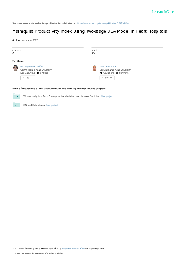 (PDF) Malmquist Productivity Index Using Two-stage DEA Model in Heart Hospitals