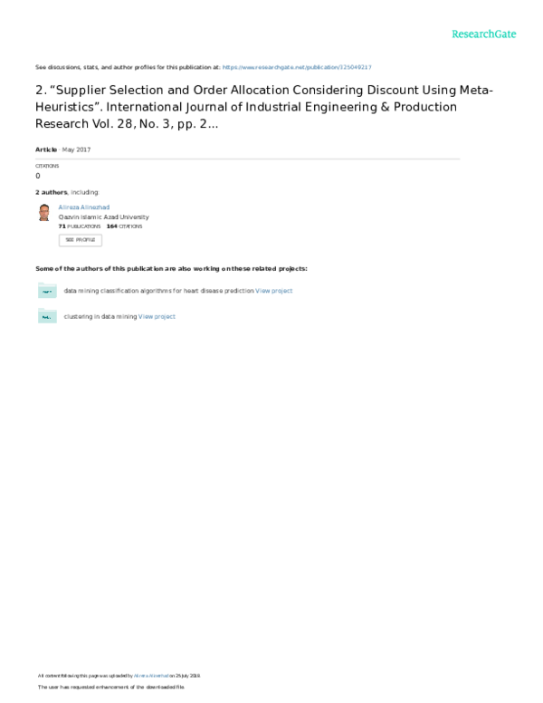 Pdf Supplier Selection And Order Allocation Considering Discount Using Meta Heuristics