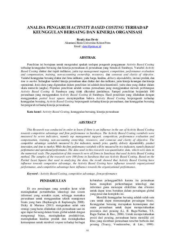 (PDF) ANALISA PENGARUH ACTIVITY BASED COSTING TERHADAP KEUNGGULAN BERSAING DAN KINERJA ORGANISASI
