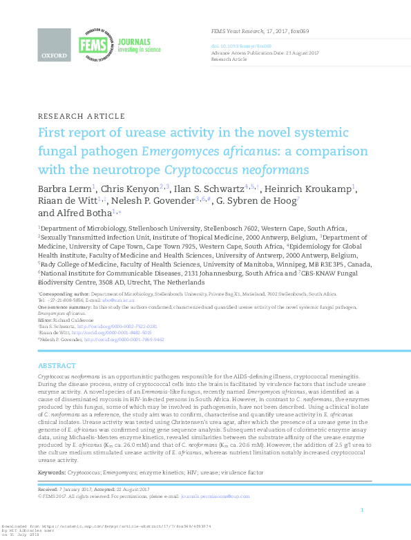 (PDF) First report of urease activity in the novel systemic fungal ...