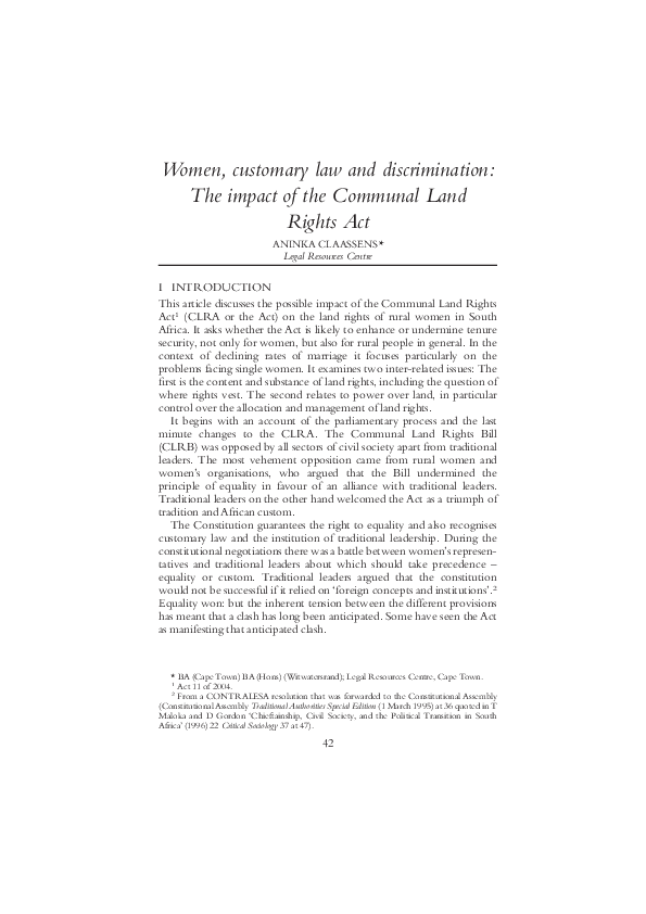 (PDF) Women, customary law and discrimination: The impact of the ...