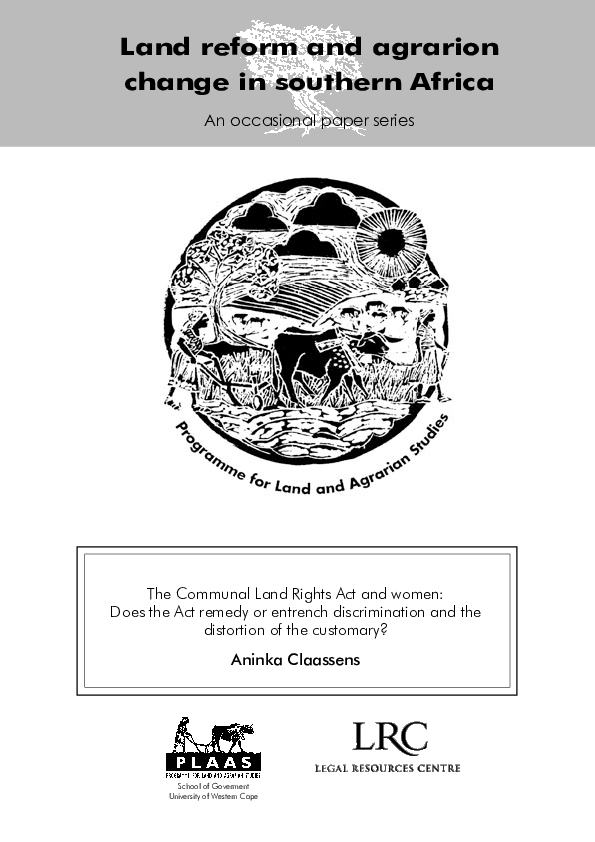 (PDF) The Communal Land Rights Act and women: Does the Act remedy or ...