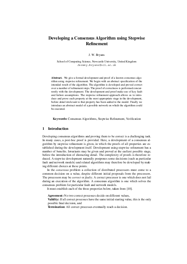 (PDF) Developing a Consensus Algorithm using Stepwise Refinement