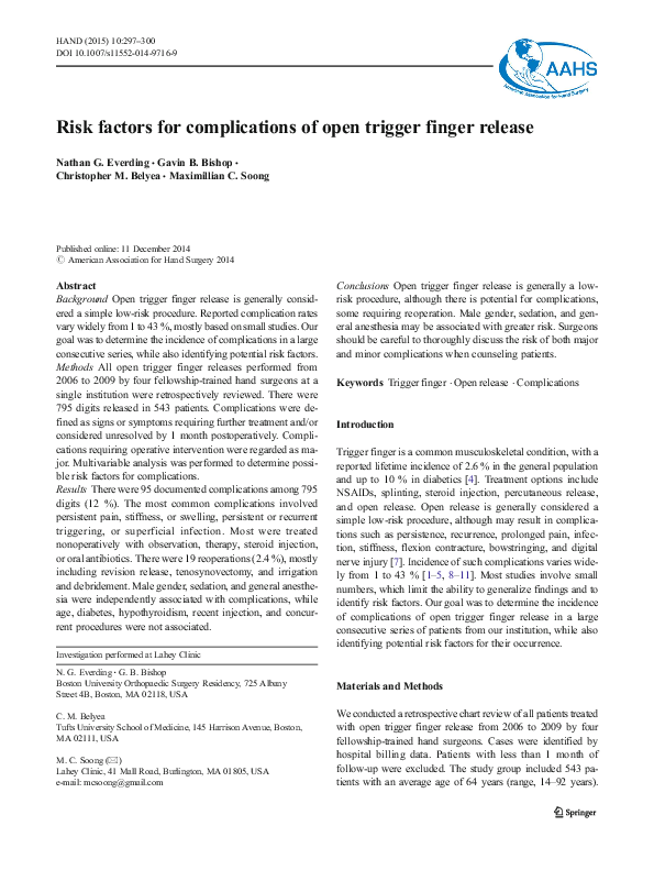 (PDF) Risk factors for complications of open trigger finger release