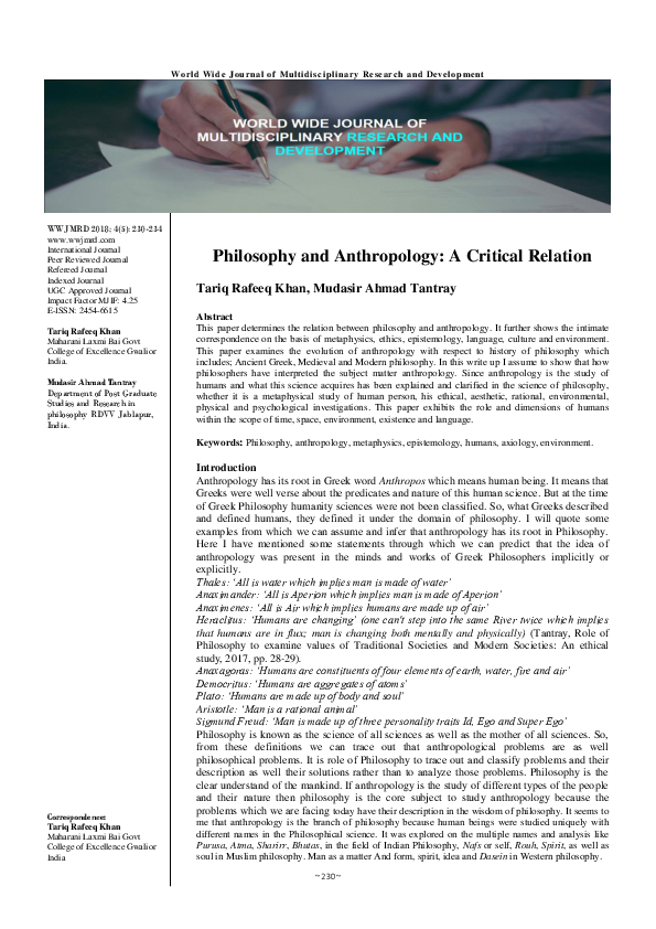 (PDF) Philosophy and Anthropology: A Critical Relation