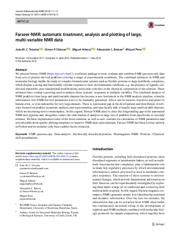 (PDF) Farseer-NMR: automatic treatment, analysis and plotting of large, multi-variable NMR data