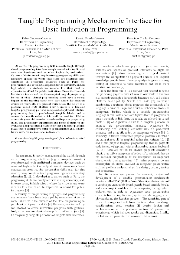 Pdf Tangible Programming Mechatronic Interface For Basic Induction In Programming