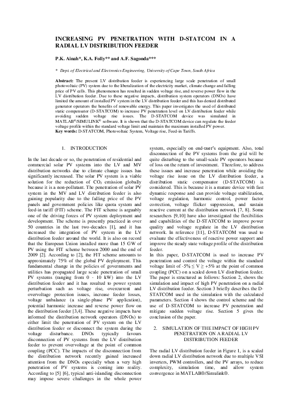 Pdf Increasing Pv Penetration With D Statcom In A Radial Lv