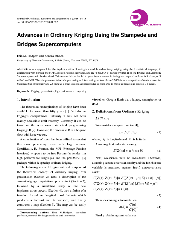 (PDF) Advances in Ordinary Kriging Using the Stampede and Bridges Supercomputers