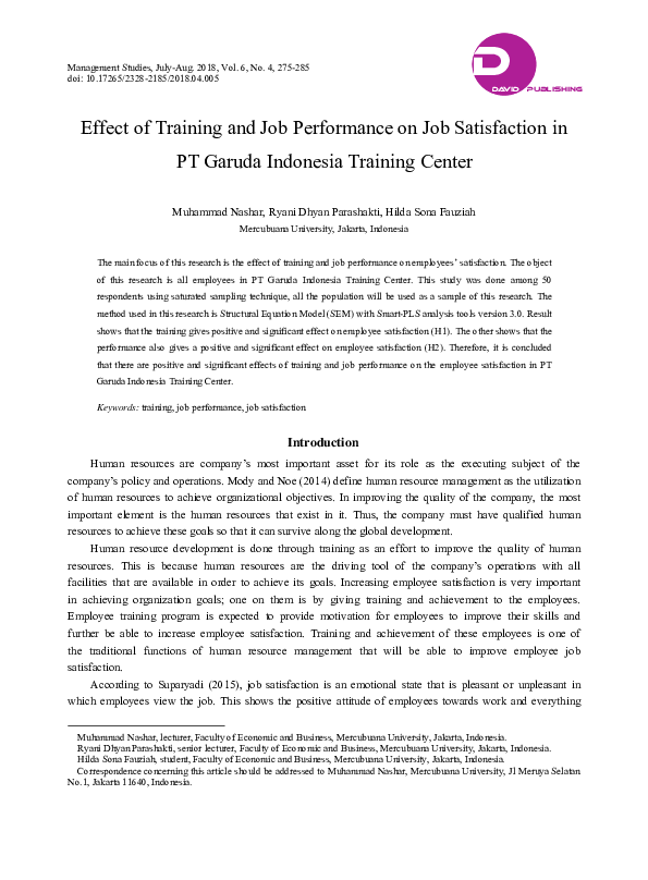 (PDF) Influence of Training and Development, Employee Performance on Job Satisfaction Among the ...